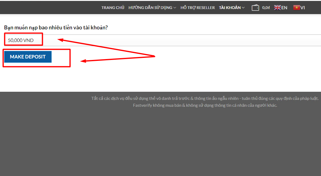 Hướng dẫn nạp tiền vào tài khoản trên Fastverify.net – Fastverify